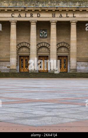 Grand pillars and doors of Caird Hall concert venue in City Square ...
