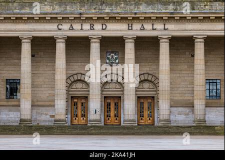 Grand pillars and doors of Caird Hall concert venue in City Square ...