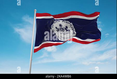 official flag of Erie, Pennsylvania untied states of America at cloudy ...