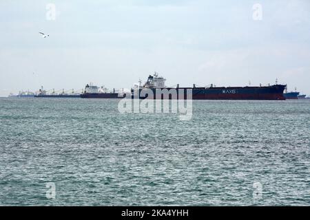 Cargo ships are anchored at the Marmara sea near the Bosphorus strait ...