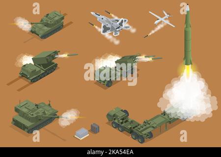 Military war set Isometric rocket salvo fire system on a wheeled landing gear. Rocket artillery ...