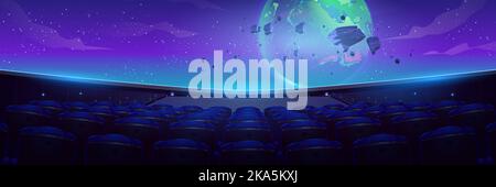 Planetarium interior with huge spherical display and many empty seats ...