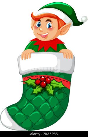 Elf in Christmas sock cartoon character illustration Stock Vector Image ...