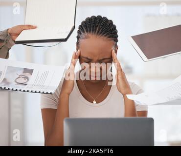 Stress, anxiety and multitasking business woman with headache from ...