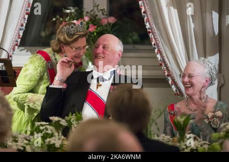 Oslo, Norway 20170509. Queen Sonja gives a hug to King Harald after her ...