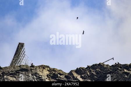 Hellesylt, Norway 20200906. Actor Tom Cruise in the air over Hellesylt ...