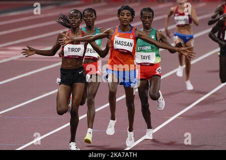 Tokyo, Japan 20210730. Ethiopian-born Dutch athlete Sifan Hassan leads the finish line in the ...