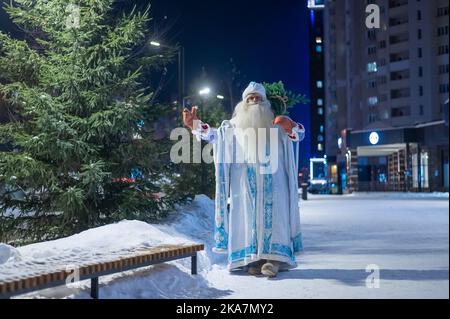 Russian santa claus carries a christmas tree outdoors Stock Photo - Alamy