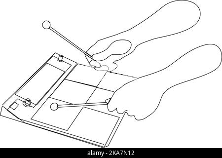 Continuous drawing of a person playing electronic drum pad with sticks ...