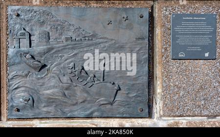 Heritage plaque by Sue Webber on the Quay Wall at Minehead depicting ...