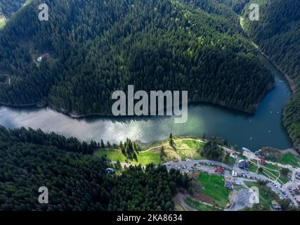 An aerial view of Rosu Lake - Romania, drone view, summer Stock Photo ...