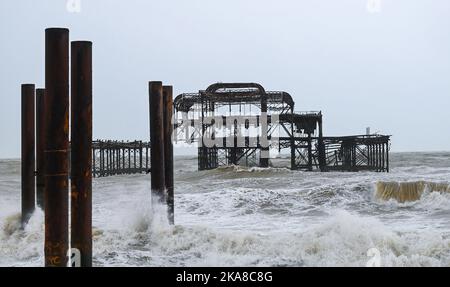 Brighton West Pier destroyed by storm and fire, Brighton East Sussex ...