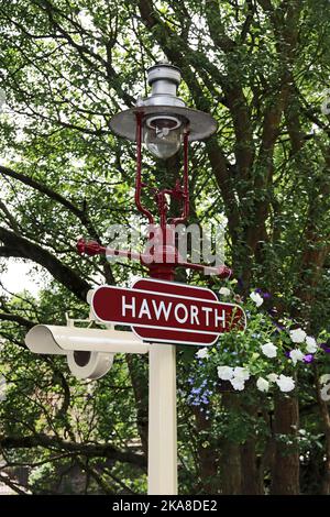 Haworth Railway Station sign on a gas lamp, Keighley and Worth Valley ...
