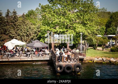 Picture of a sign with the logo of Sabanci group on Ogretmenevi, the ...