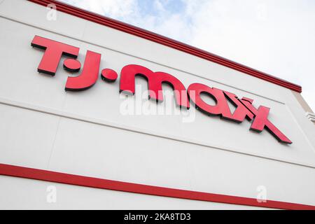 Looking up at TJ Maxx department store logo. TJ Maxx is an American ...