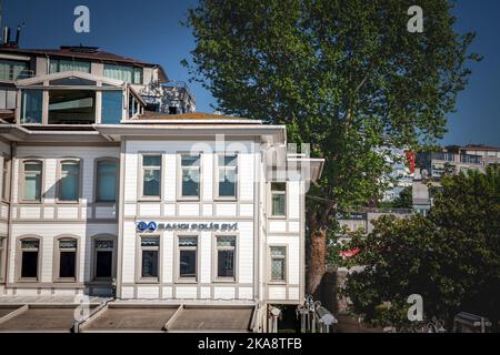 Picture of a sign with the logo of Sabanci group on Ogretmenevi, the ...