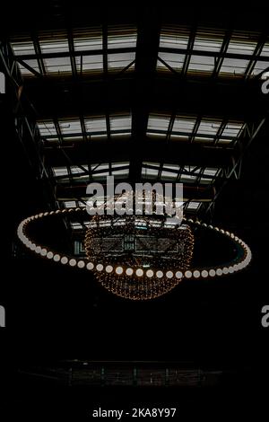 Big circle globe light like earth planet star in space or universe hang ...