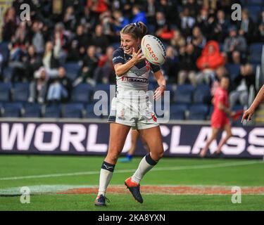 Tara Jones England celebrates her try during the Women's Rugby League ...