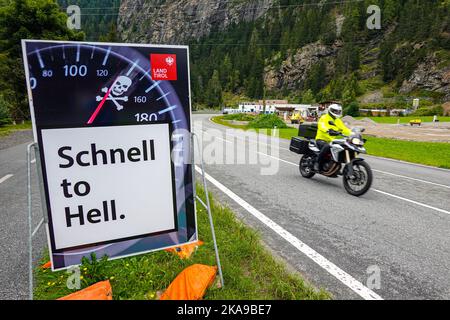 Schnell to Hell, speeding road sign Autumn in the Oetztal Valley ...