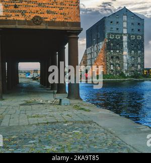 Bute East Dock warehouses, Cardiff, Wales, in the early 1980s. Now ...