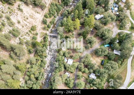 Arial view of campsite Giessen in the Binntal valley, Valais ...