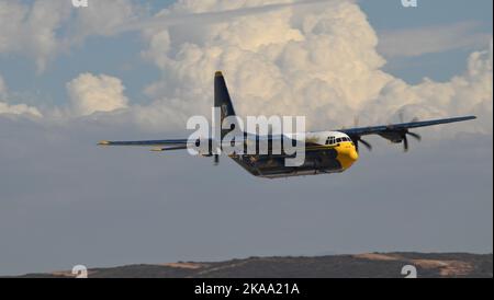 Fat Albert, a USMC C-130J transport, makes a pass at the 2022 Miramar ...