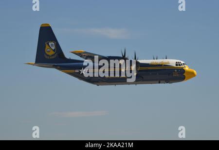 Fat Albert, a USMC C-130J transport, makes a pass at the 2022 Miramar ...