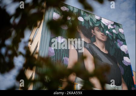 Artist Zane Prater paints a mural during Asalto International Urban Art ...