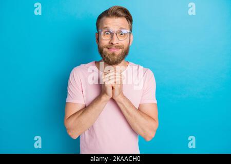 Photo of adorable sweet young guy wear pink t-shirt smiling white teeth ...