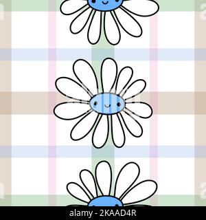 Cartoon floral face seamless kawaii flower daisy and stripes ribbons ...