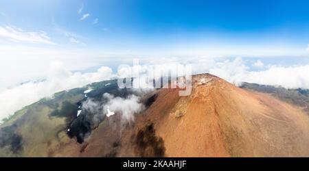 Tyatya volcano crater aerial panoramic view,, Kunashir Island, Kuril ...