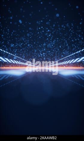 Racing track with glowing particles background, 3d rendering. Digital ...