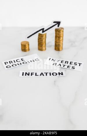 Inflation Interest Rates and Price Gouging texts with arrow going up ...