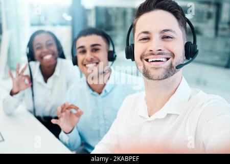 Call center, selfie and employees with hand sign for support ...