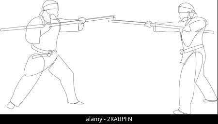 Continuous line drawing of shaolin monk man practice kung fu using long ...