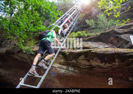 Hikers in the Dahner Felsenland (Germany). The many rock formations of ...