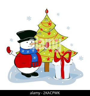 Snowman with a Christmas gifts. Design for Christmas card or invitation ...
