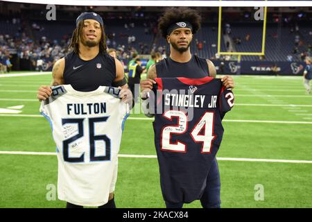 Houston Texans cornerback Derek Stingley Jr. (24) is introduced before an NFL football game ...