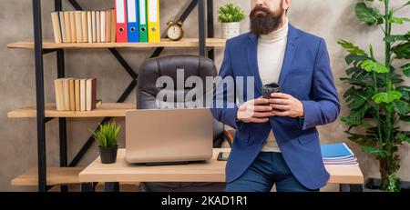 Take a break. Professional man crop view drink tea. Tea break in office ...