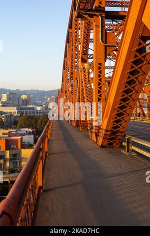 Red Bridge in Portland. Farms metal vehicular and pedestrian bridge ...