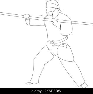 Continuous line drawing of shaolin monk man practice kung fu using long ...