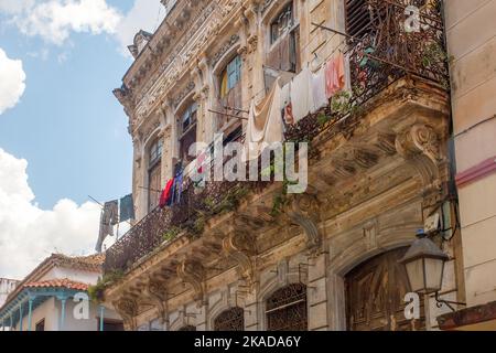 Havana, Cuba, Clothesline drying textile items in the rooftop of a ...