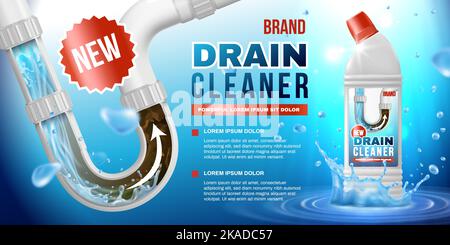 Drain pipe new cleaner ad poster with plastic bottle mockup and sewer ...