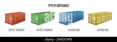 Colourful cargo containers types of different size realistic set ...