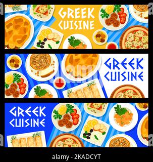 Greek cuisine restaurant food banners. Fried feta cheese, eggplant ...