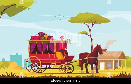Horse drawn carriage colored rustic background with coachman delivering ...