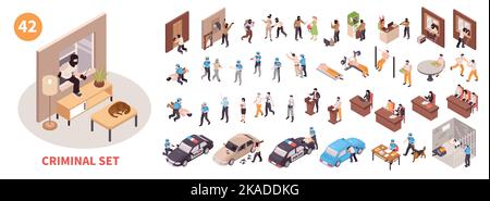 Isometric criminal set with crime police and prison scenes isolated ...