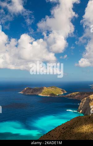 Aerial view of Assos peninsula and fantastic turquoise and blue Ionian ...
