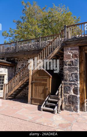 Wooden stairs up to the defensive ramparts of the Cove Creek Ranch Fort ...