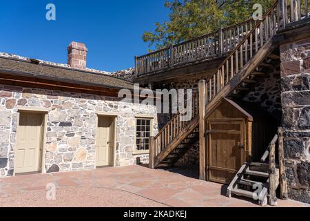 Wooden stairs up to the defensive ramparts of the Cove Creek Ranch Fort ...